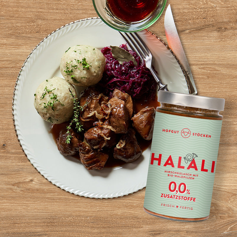 HALALI - Hirschgulasch mit Bio-Waldpilzen | Fertiggericht | HOFGUT STÖCKEN